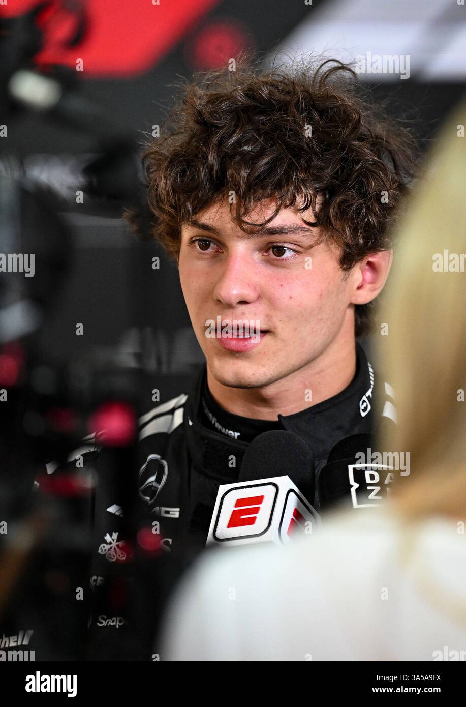 Shanghai. 22nd Mar, 2025. Mercedes' driver Andrea Kimi Antonelli of Italy is interviewed after ...