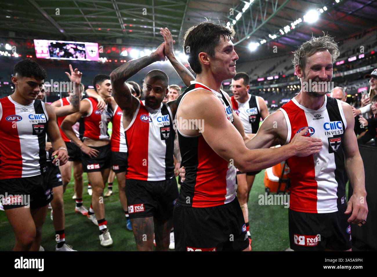 Jack Steele of St Kilda and Jimmy Webster of St Kilda celebrate following the AFL Round 2 match ...
