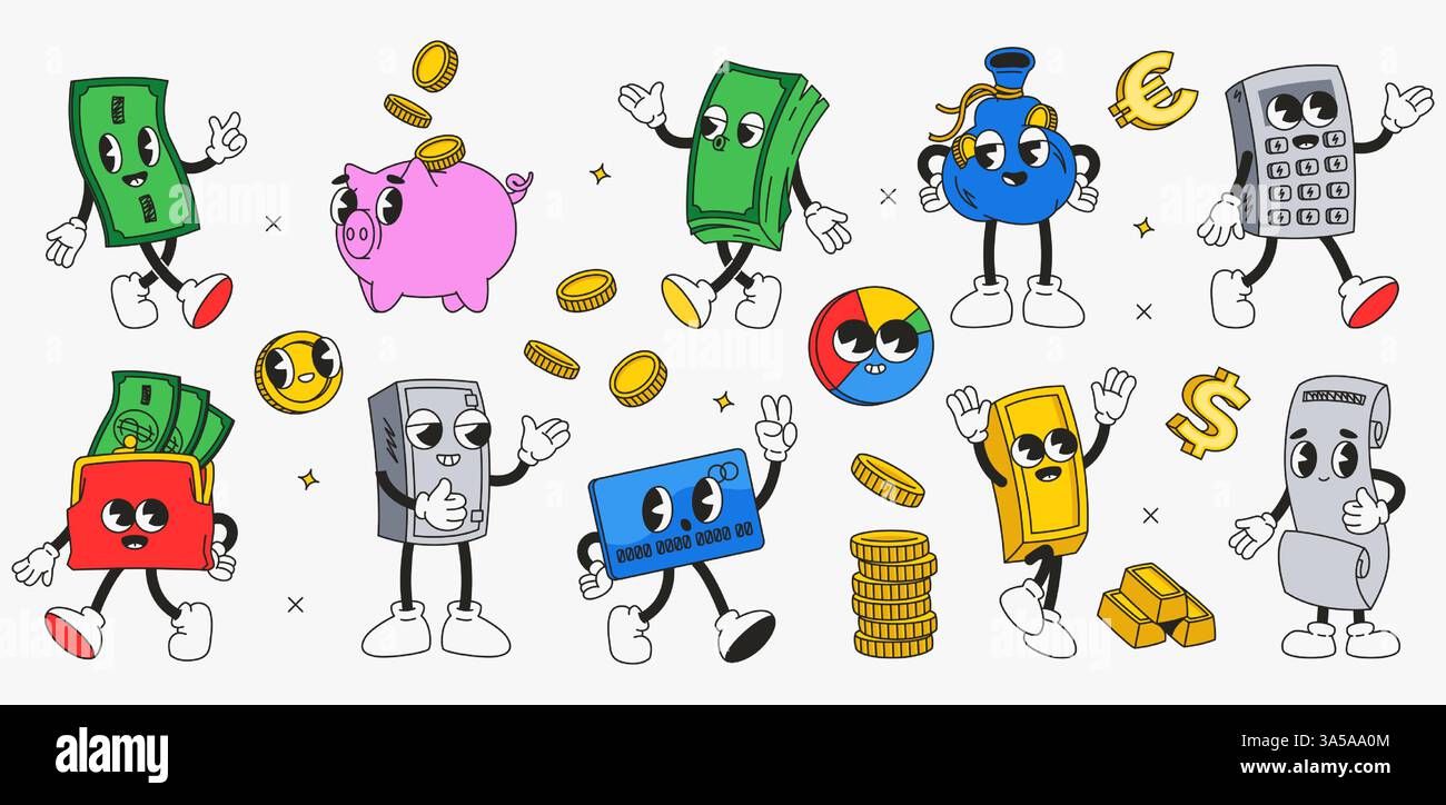Money retro cartoon character. Groovy investment savings financial 70s ...