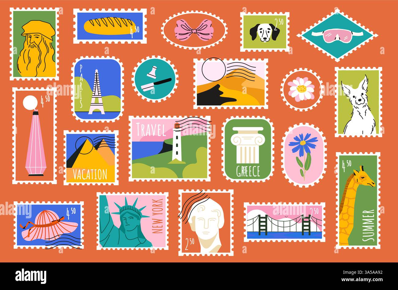 Travel sticker stamp. Vintage postcard label, retro postal stamps with ...