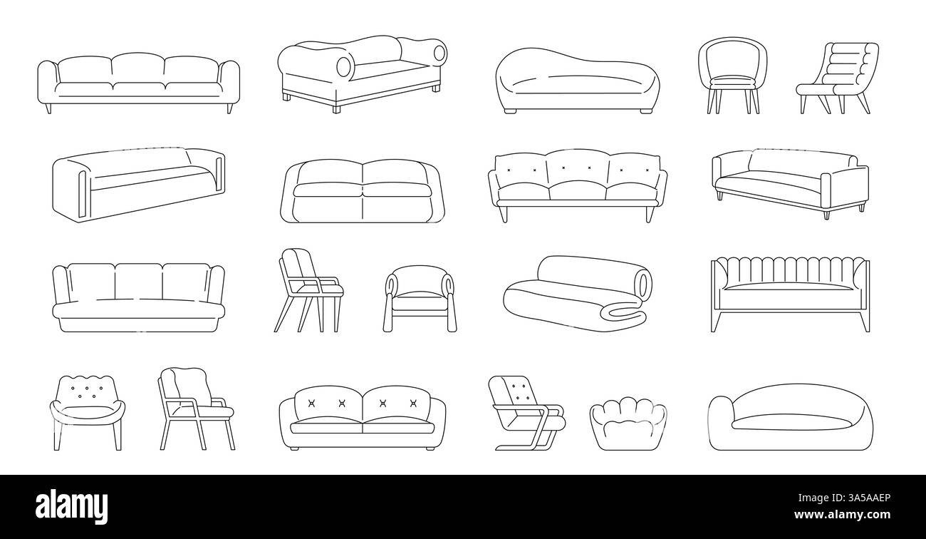 Line sofa icon. Outline couch and armchair furniture icons for living ...