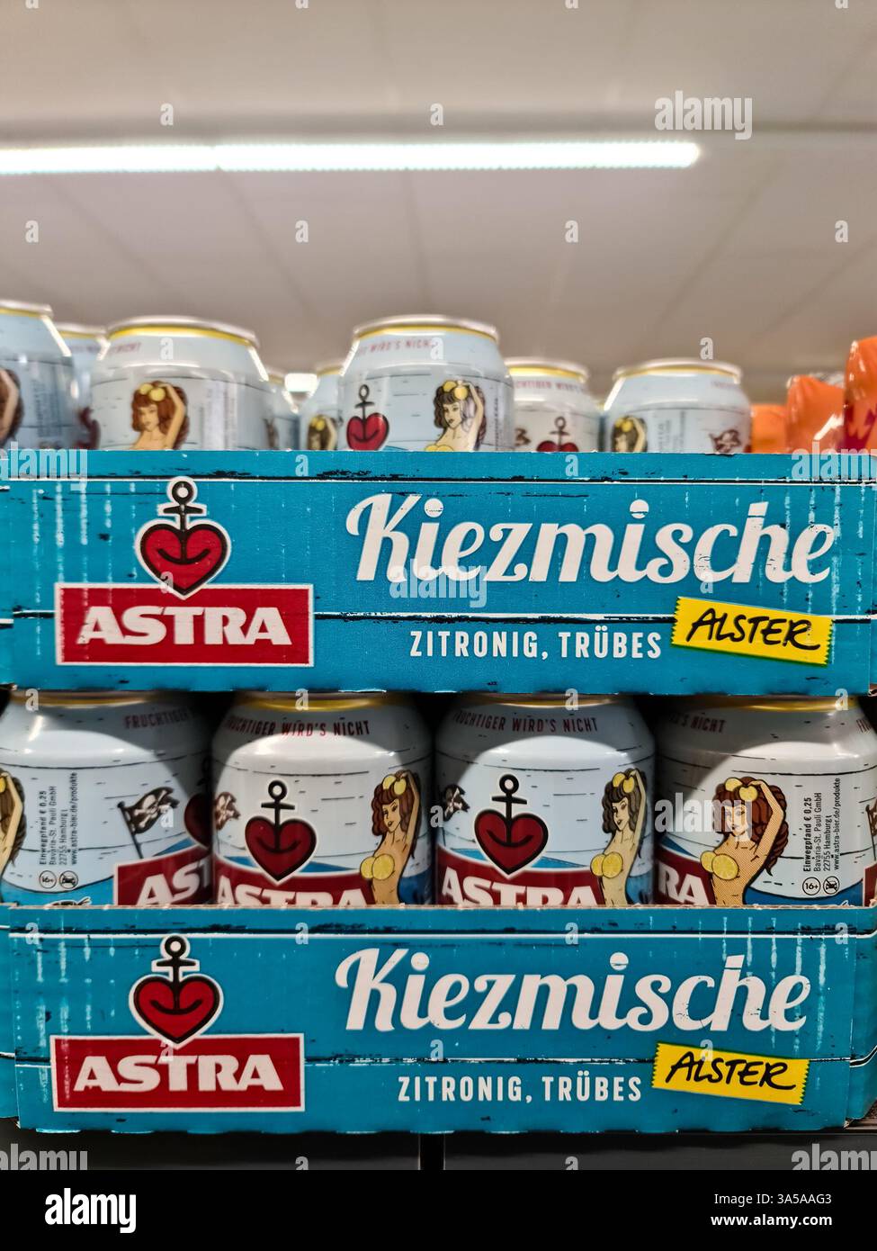 Kiel, Germany 15 March 2025, Cans of Astra Kiezmische Alster beer ...
