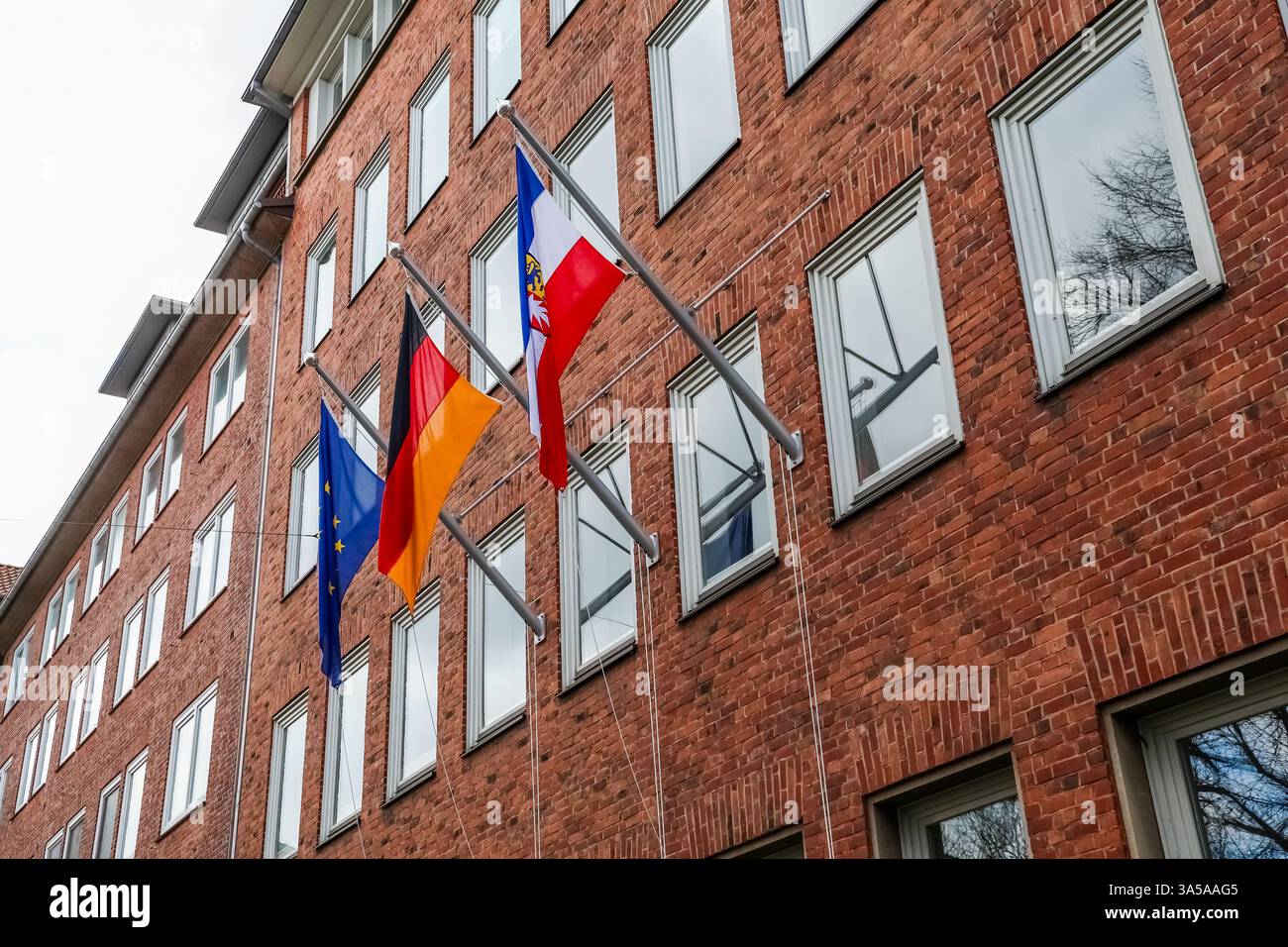 Kiel, Germany 15 March 2025, Flags of European Union, Germany and ...