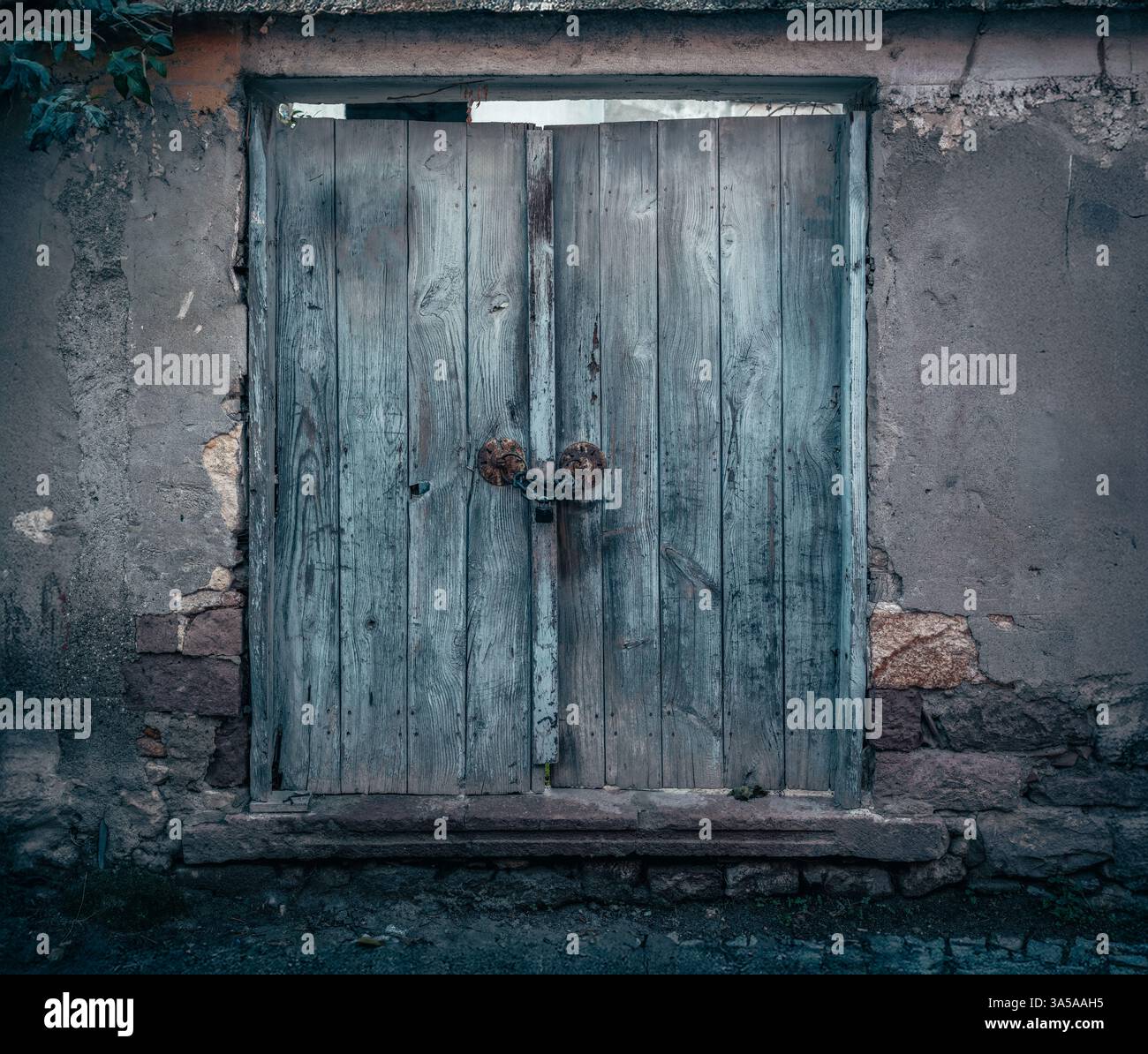 Aged wooden double door in blue tones with metal lock, set in a decayed ...