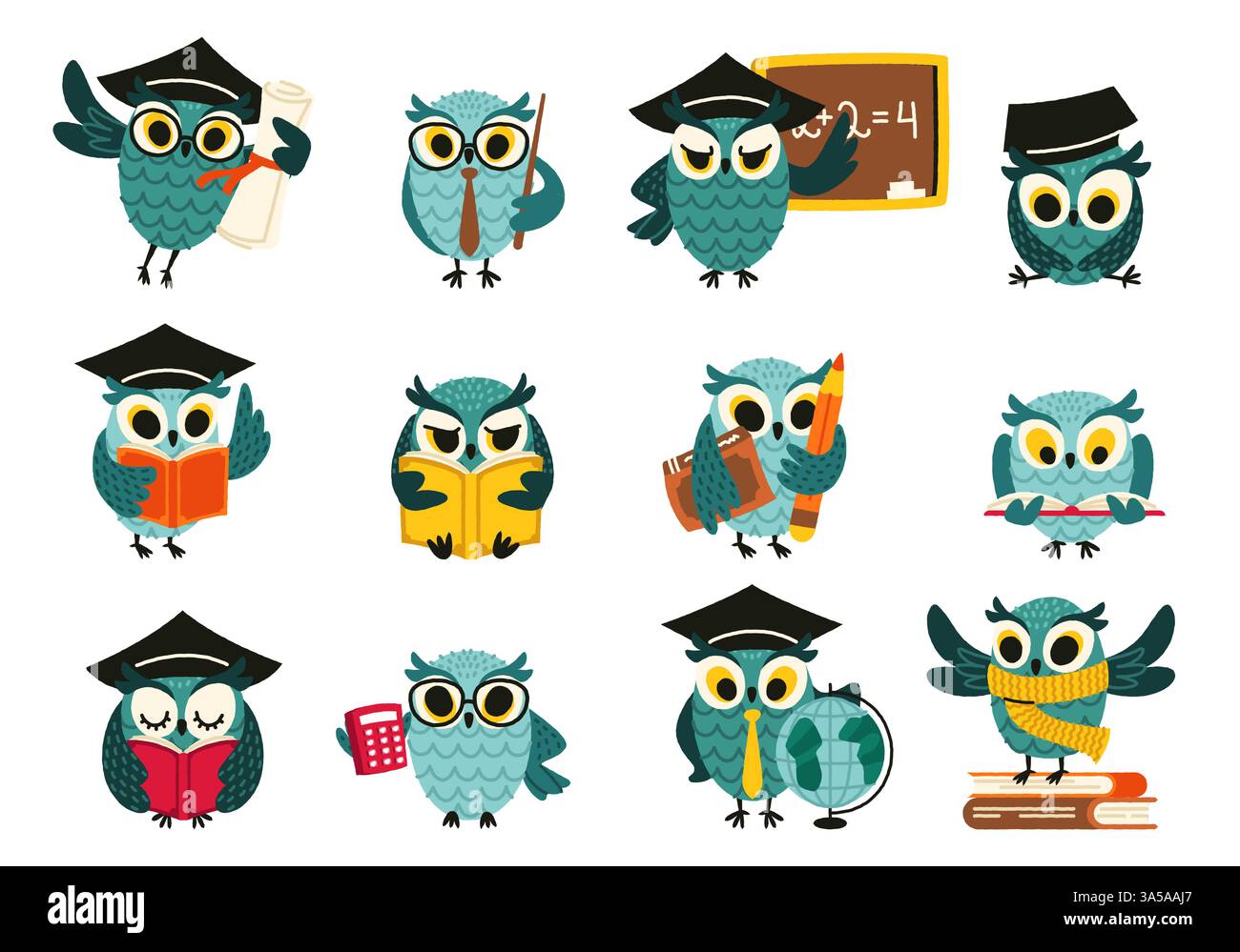 Wise owl character. Cartoon cute smart birds with books and school ...
