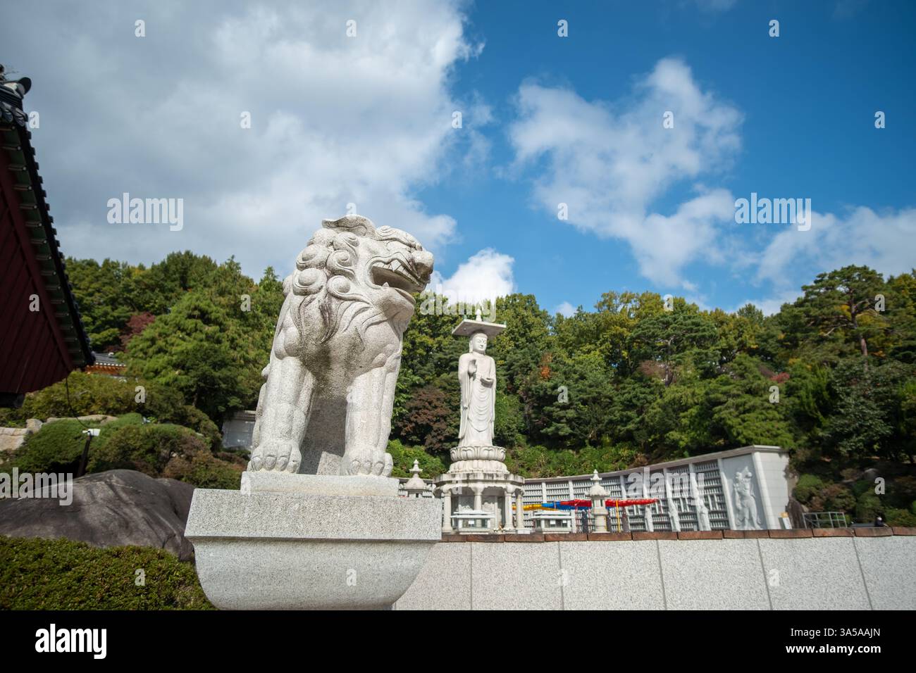 Mireuk Daebul statue of the bodhisattva Maitreya at Bongeunsa Temple, a ...