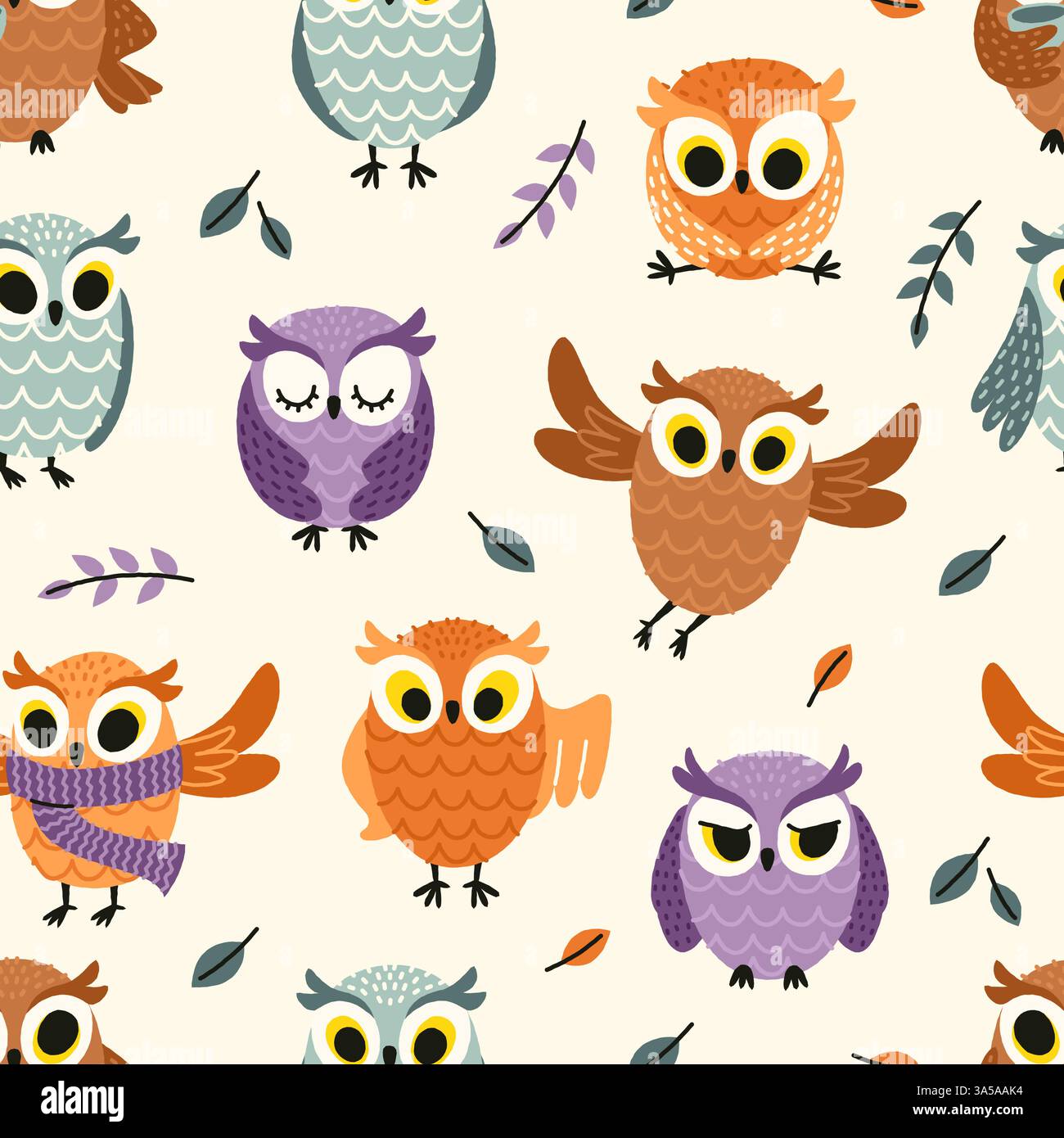 Cute owl pattern. Seamless print of cartoon forest baby owl birds ...