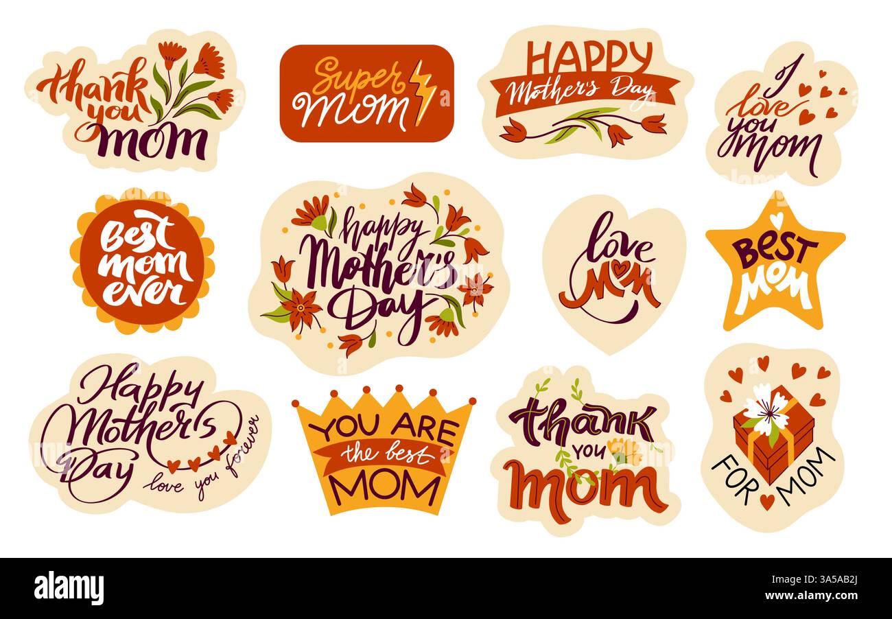 Mothers Day stickers. Mom gift cute spring floral badges with ...