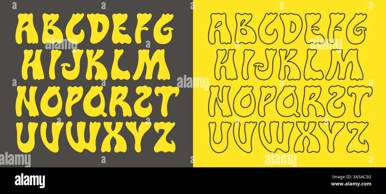 Hippie font. Psychedelic retro alphabet with 60s hippy distortion style ...