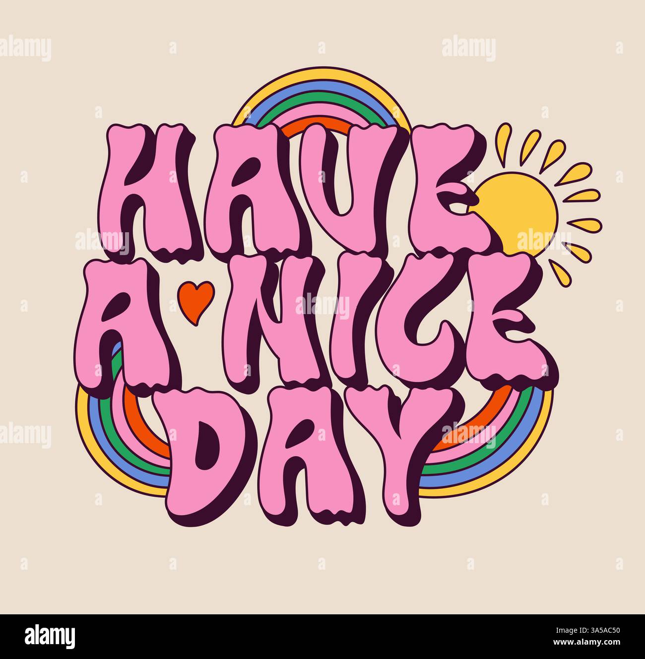 Groovy slogan. Psychedelic retro lettering with retro hippie sun and rainbow symbols, 60s ...