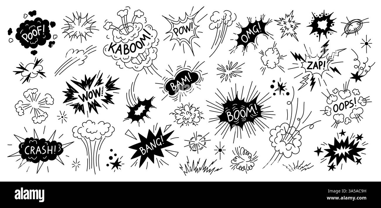 Comic doodle boom. Cartoon line explosion pop bang effect with speech ...