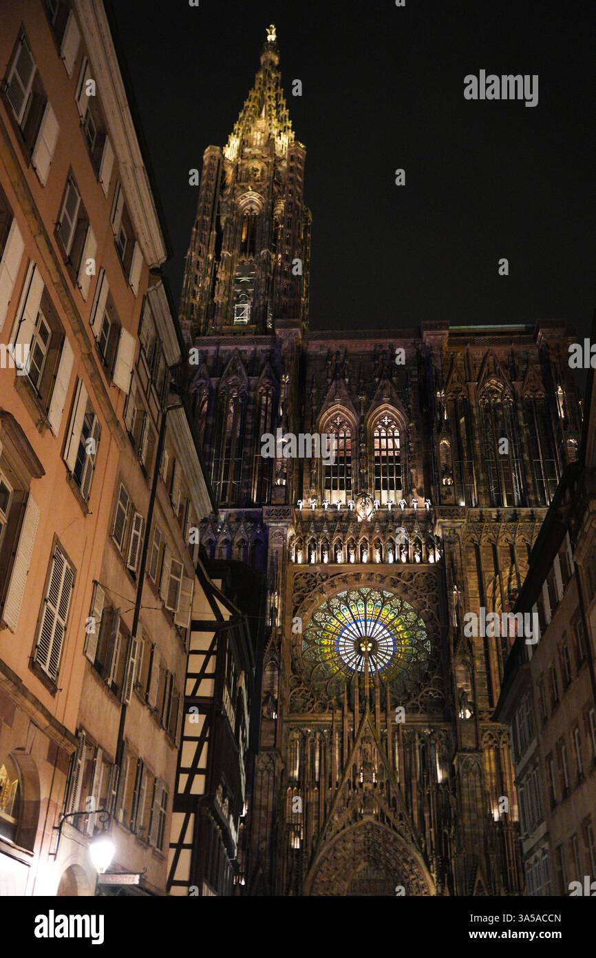 Vertical view of Strasbourg Cathedral illuminated gothic facade ...