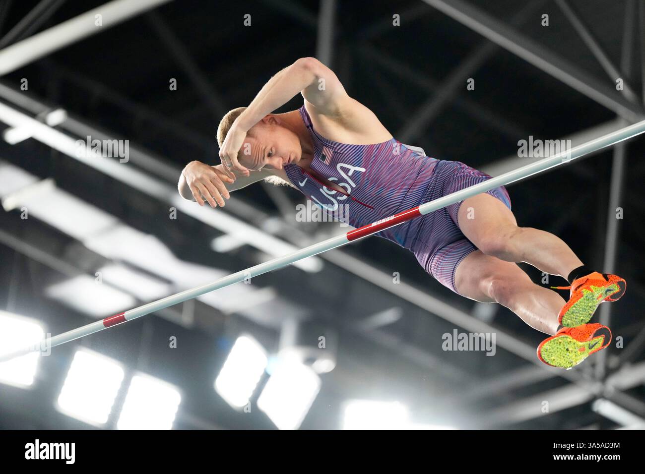 Sam Kendricks, of the United States, makes an attempt in the men's pole ...