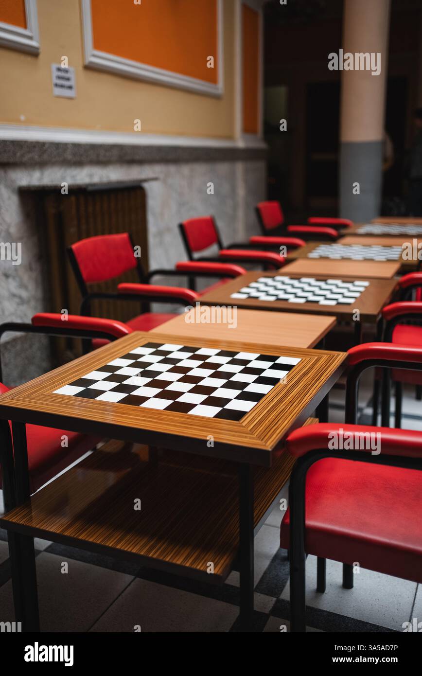 room for competitions and tournaments with checkerboard tables for ...