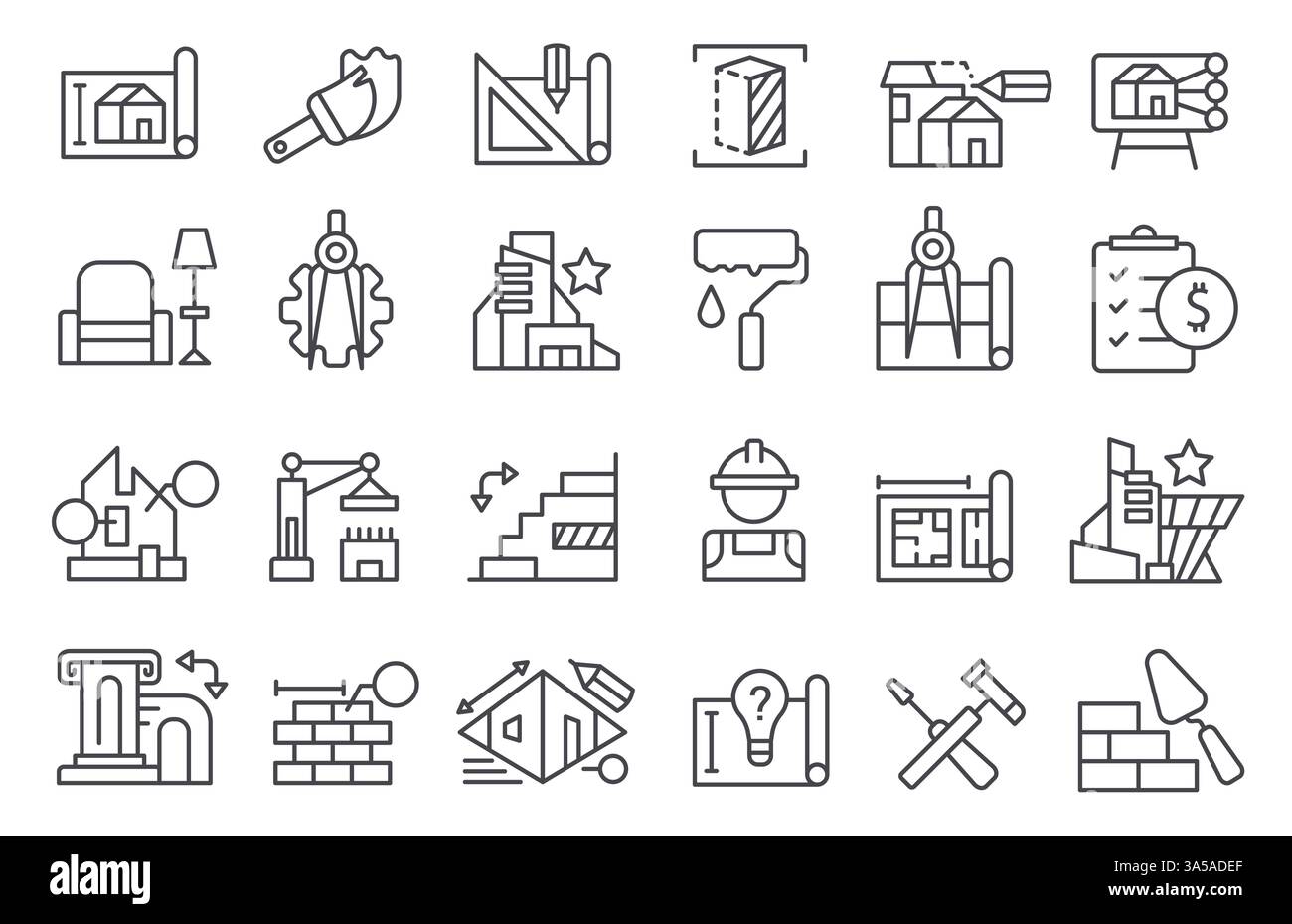 Architecture line icons. Build plan outline architect and building ...