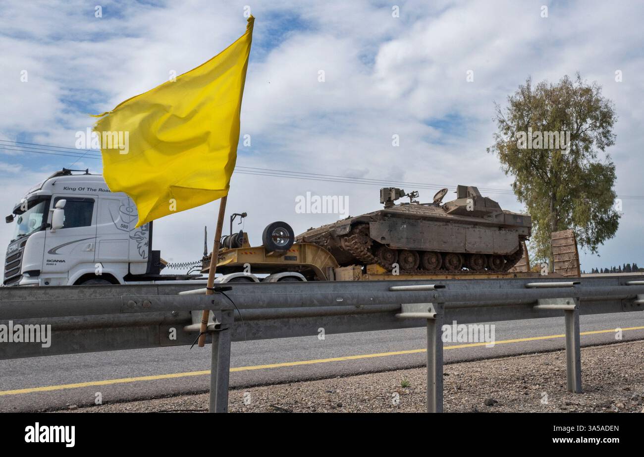 An Israeli IDF Armored Personnel Carrier (APC) is transported on a ...