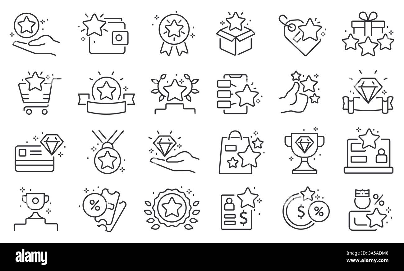 Benefit line icons. Star reward loyalty program, bonus outline ...