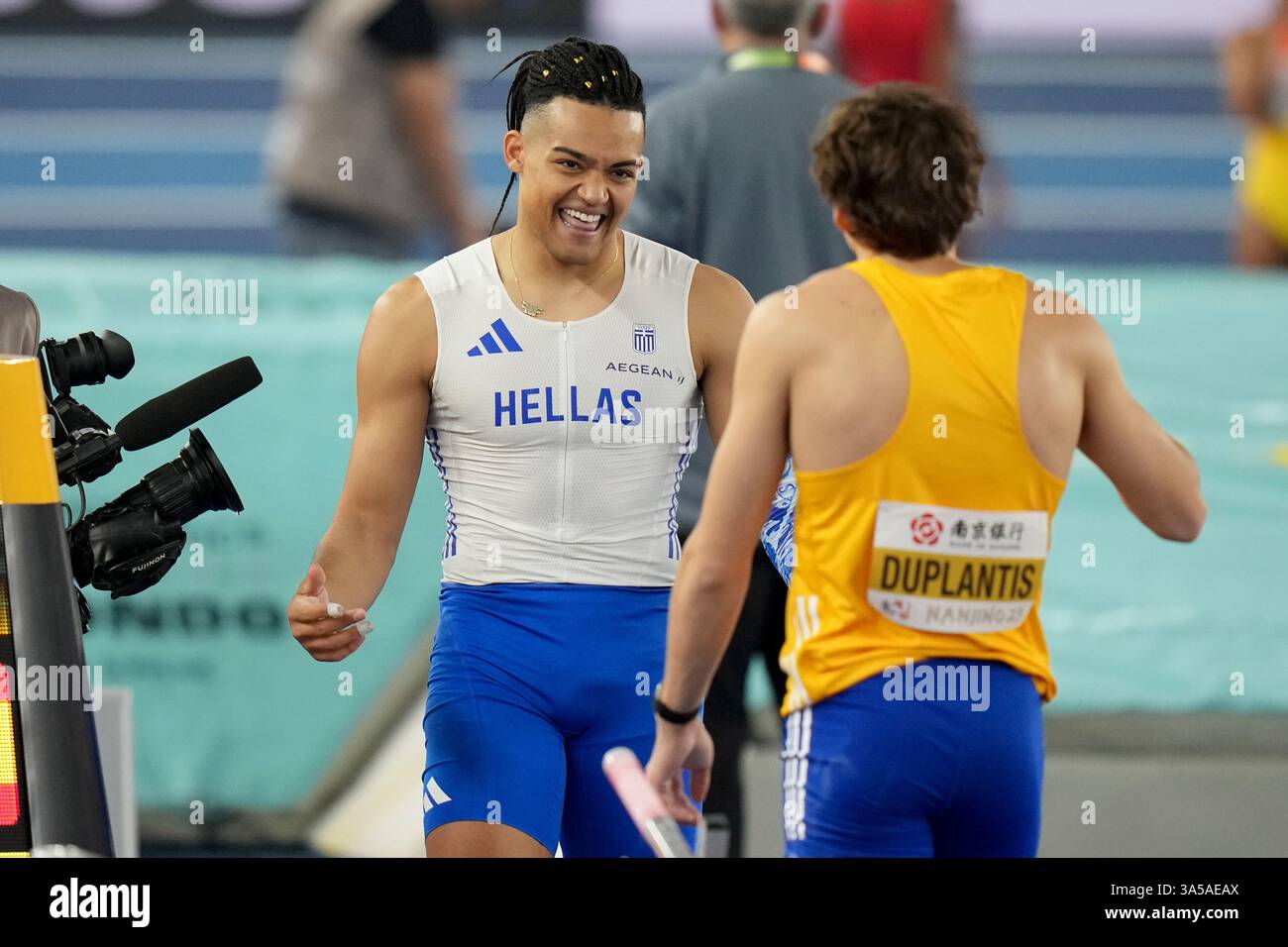 Emmanouil Karalis, of Greece, celebrates with Armand Duplantis, of ...