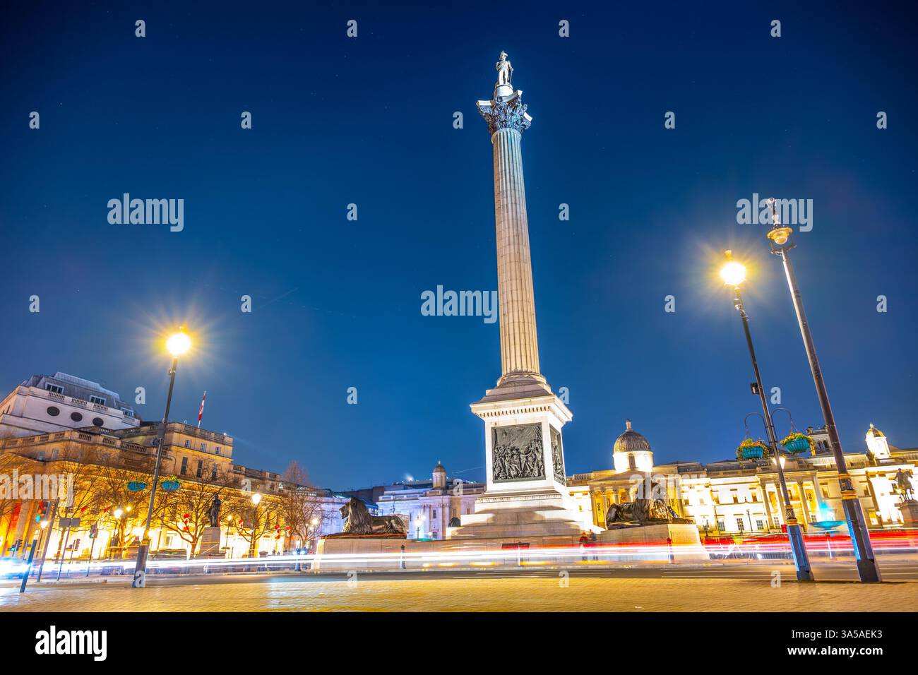 Nelson's Column stands tall in Trafalgar Square at night, illuminated ...
