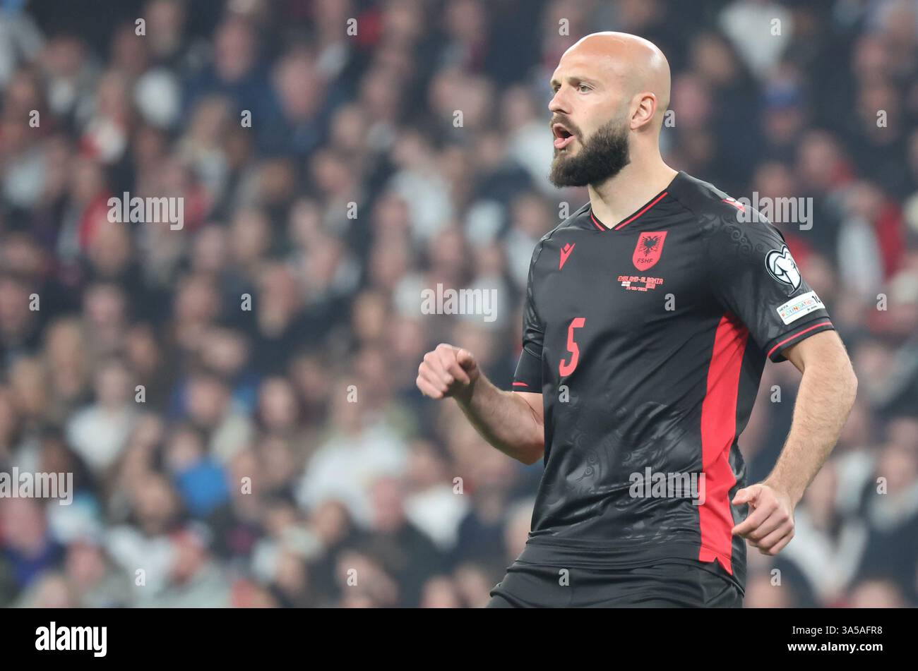London, UK. 21st Mar, 2025. Arlind Ajeti(Bodrum)of Albania in action ...
