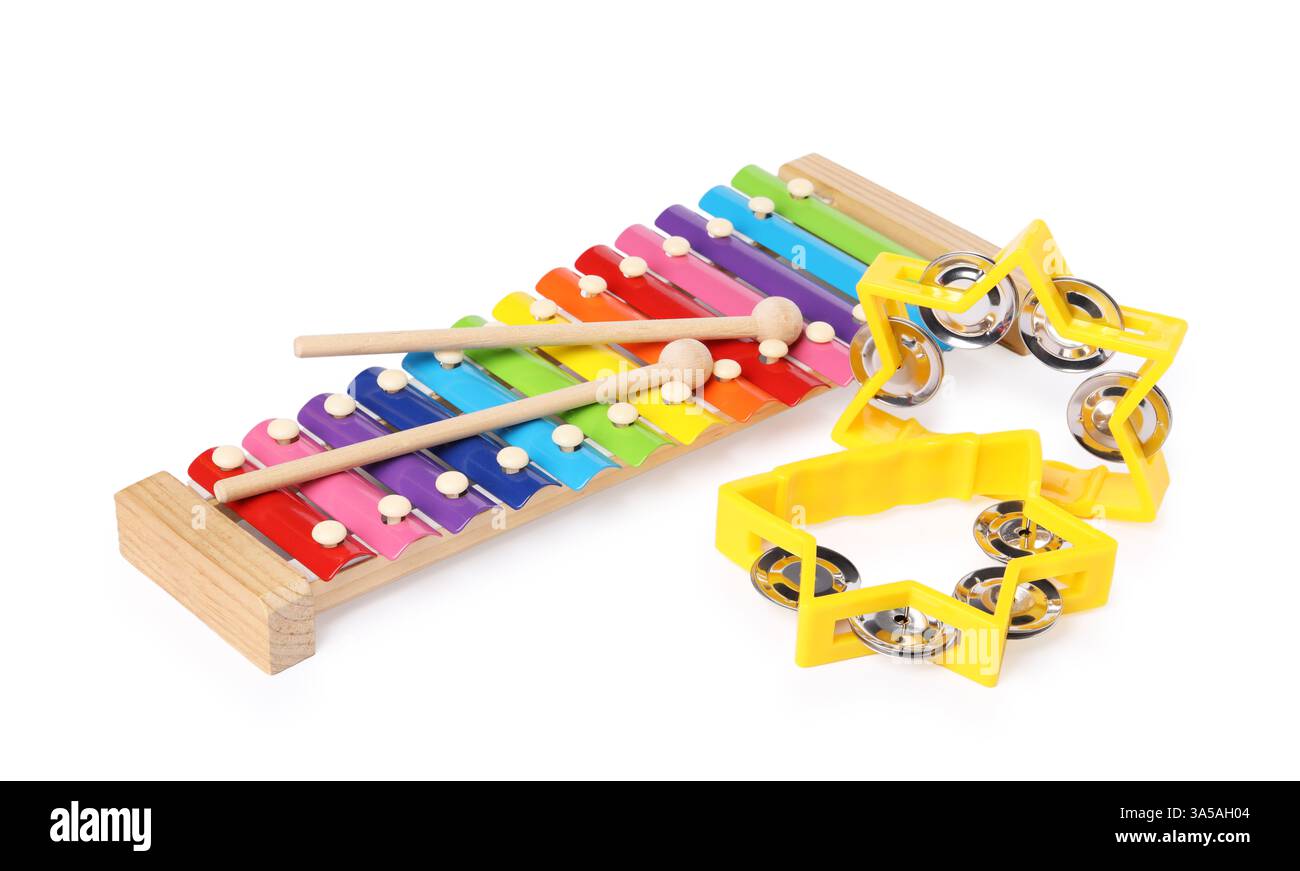 Colorful toy musical instruments isolated on white Stock Photo - Alamy