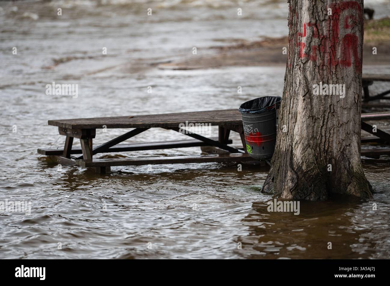 Flooded picnic tables along the Alberche river. Some areas in Avila ...