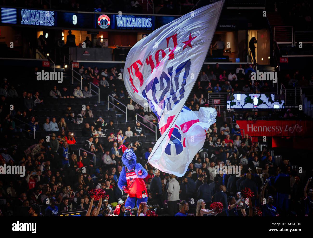 Basketball team mascot waves the teams banner Stock Photo - Alamy