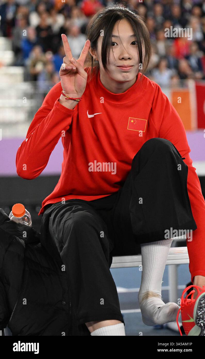 Nanjing, China's Jiangsu Province. 22nd Mar, 2025. Li Yi of China reacts after the women's ...