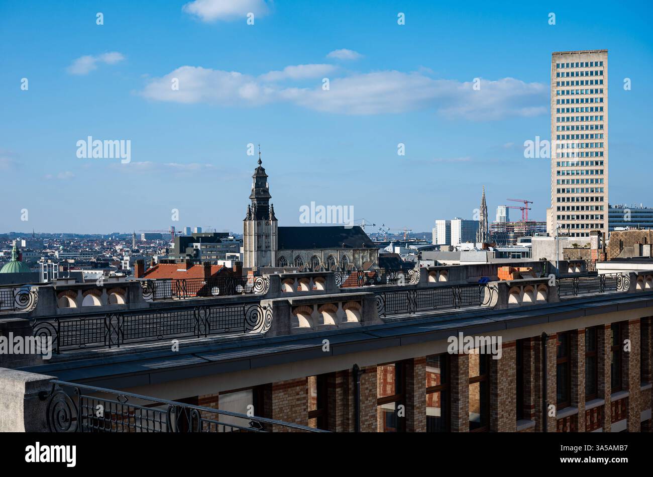 High angle view over the city with the Sablon tower and the our lady of ...