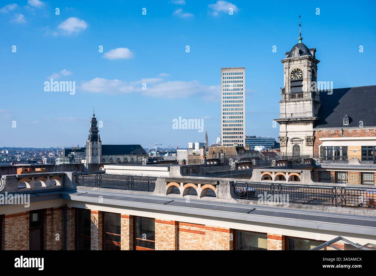 High angle view over the city with the Sablon tower and the our lady of ...