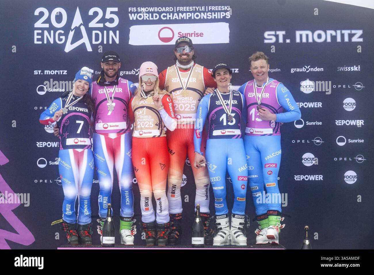Gold medalists Fanny Smith and Ryan Regez of Switzerland, center ...