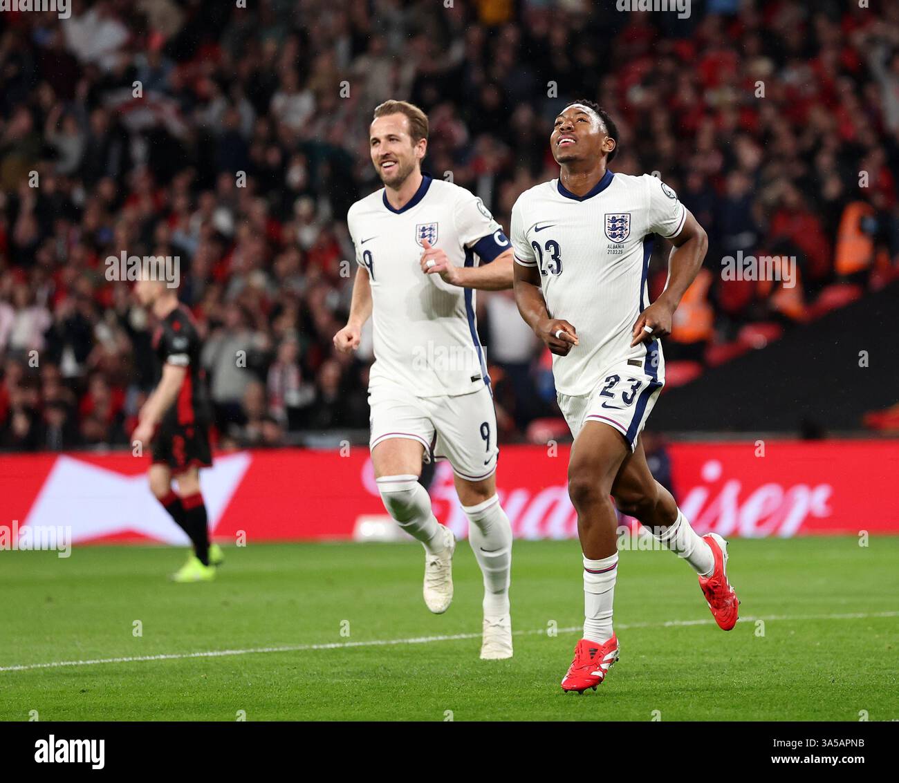 London, UK. 21st Mar, 2025. Myles Lewis-Skelly of England celebrates ...