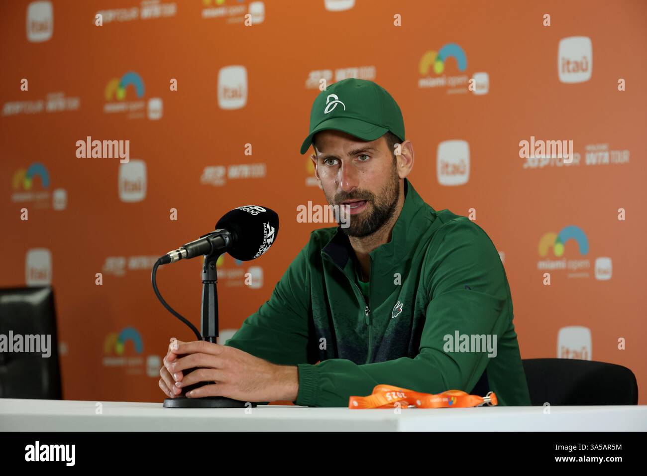 Miami Gardens, FL, USA. 21st Mar, 2025. Novak Djokovic (SRB) speaks to ...