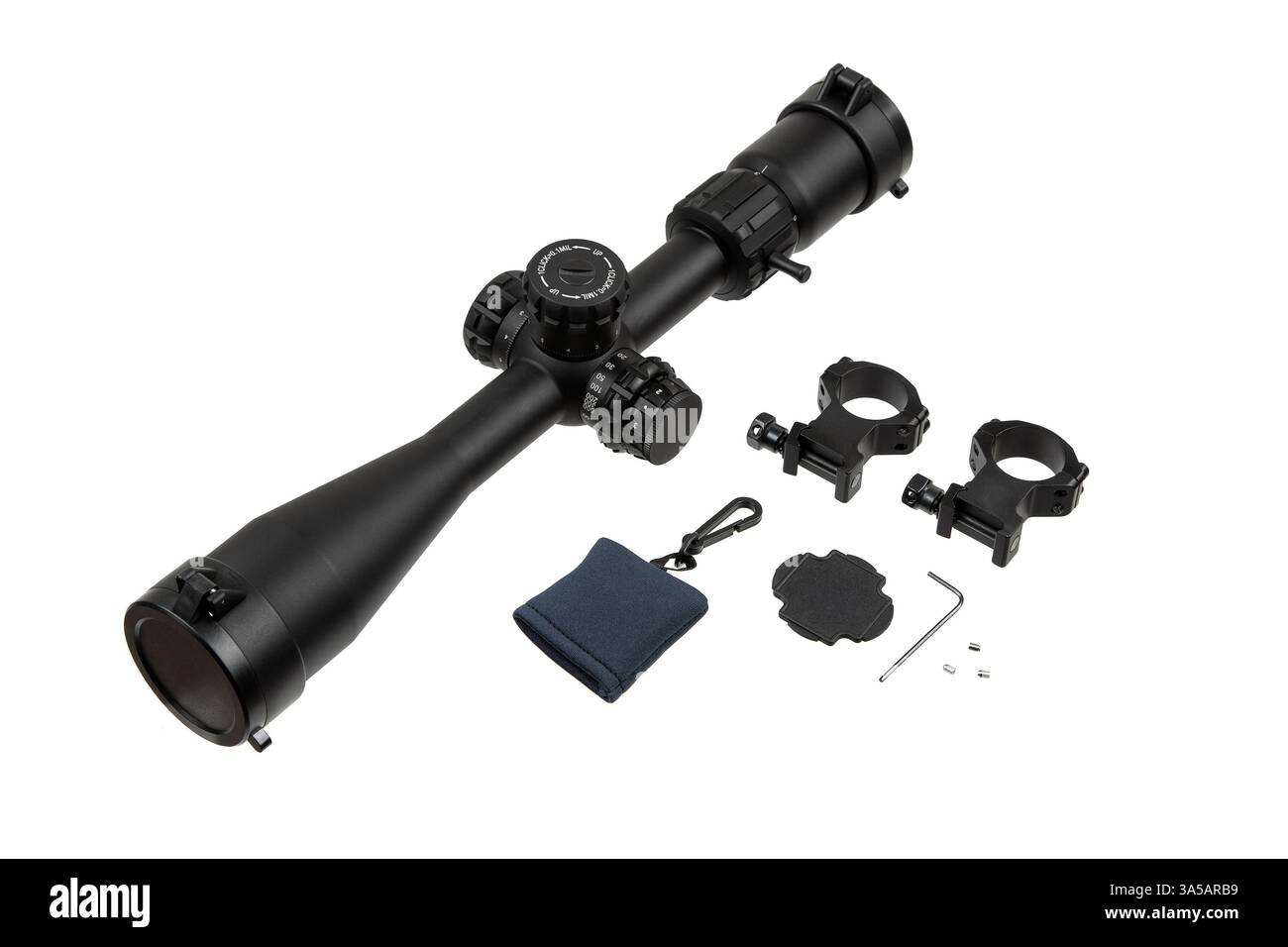 A rifle scope with mounting rings, lens cover, cleaning cloth, and ...