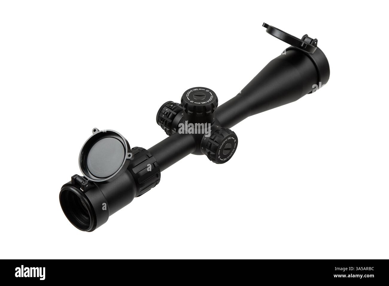 A black rifle scope with adjustment knobs and lens covers for precision ...