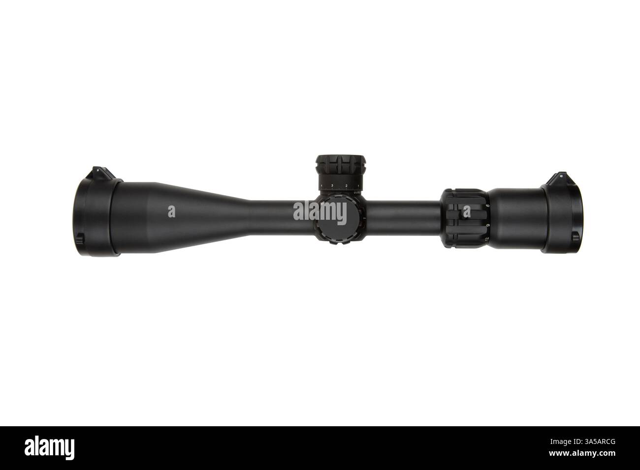 A black rifle scope with adjustment knobs and lens covers for precision ...
