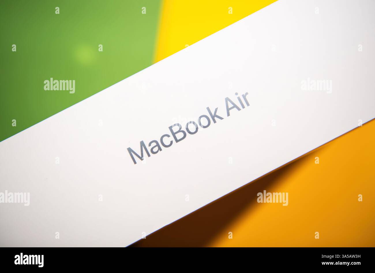 Paris, France - Mar 13, 2025: Clean white MacBook Air M4 box is placed ...