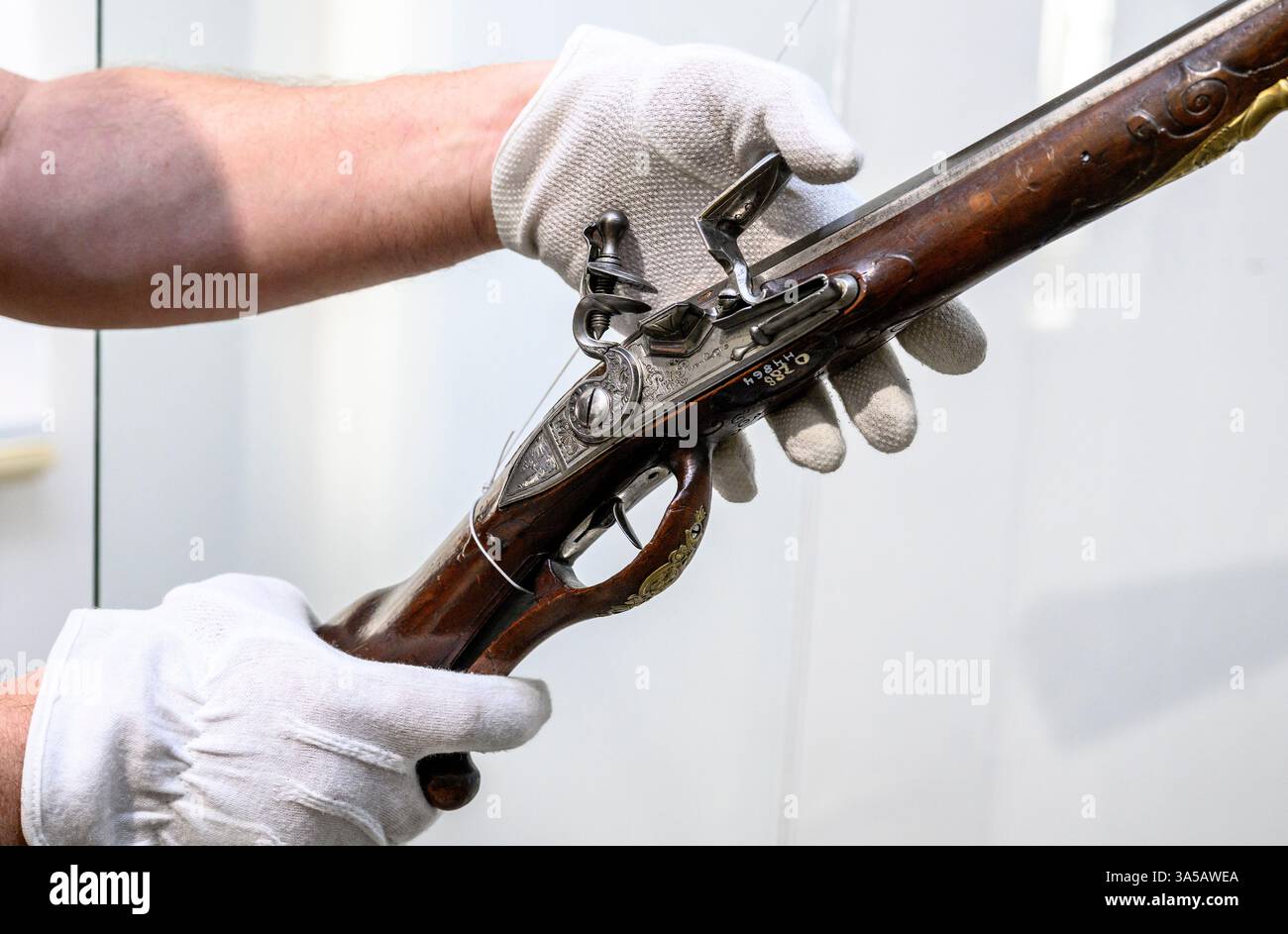 Decin, Czech Republic. 20th Mar, 2025. Detail of a rifle, made by Hans ...