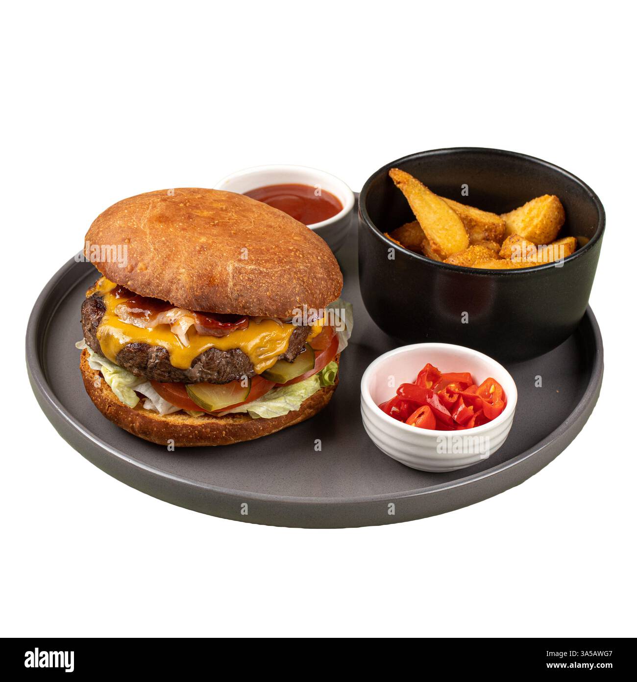 Portion of burger with potato wedges Stock Photo - Alamy