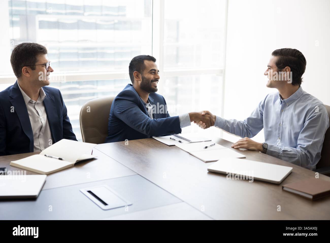 Business partners shaking hands, reaching agreement, closing profitable ...