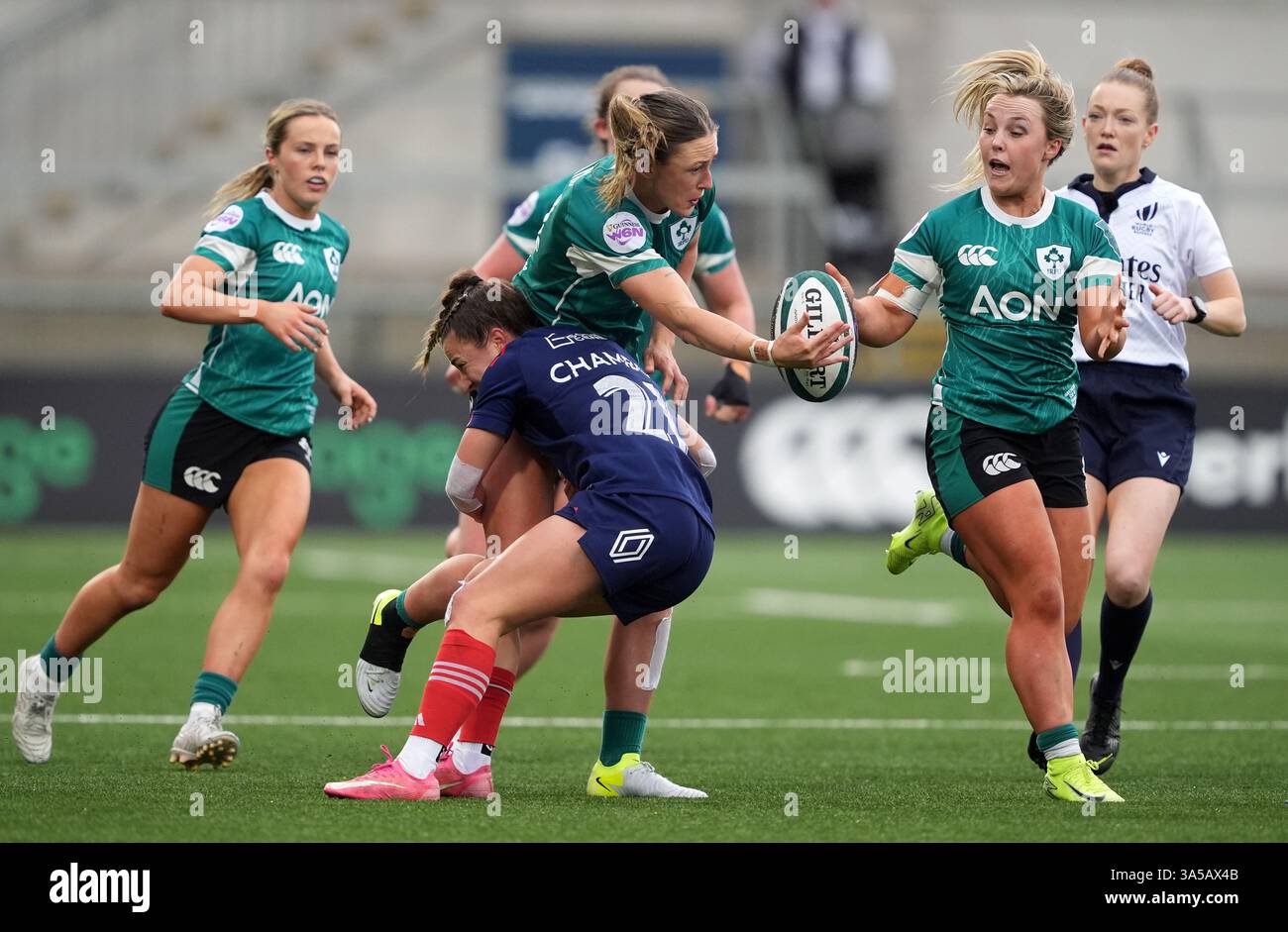 Ireland's Anna McGann is tackled by France's Alexandra Chambon during ...