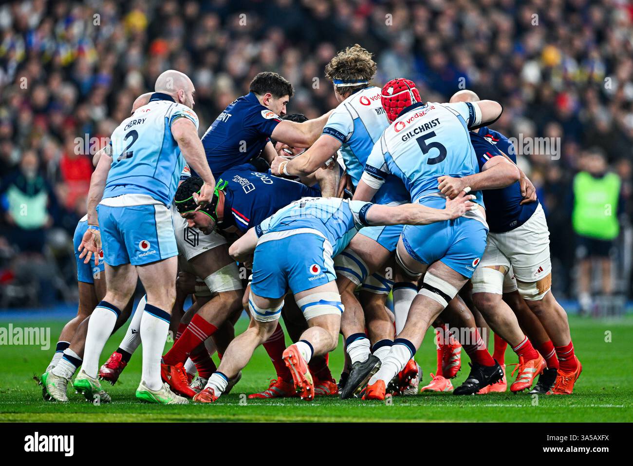 Players in a scrum during the 6 or Six Nations Championship rugby match ...