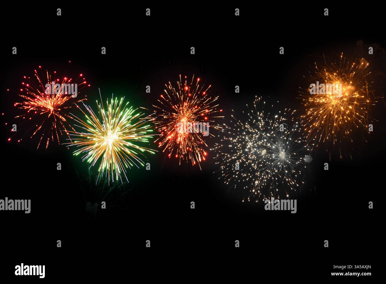 Five Vibrant Colourful Firework Bursts in Night Sky Stock Photo - Alamy