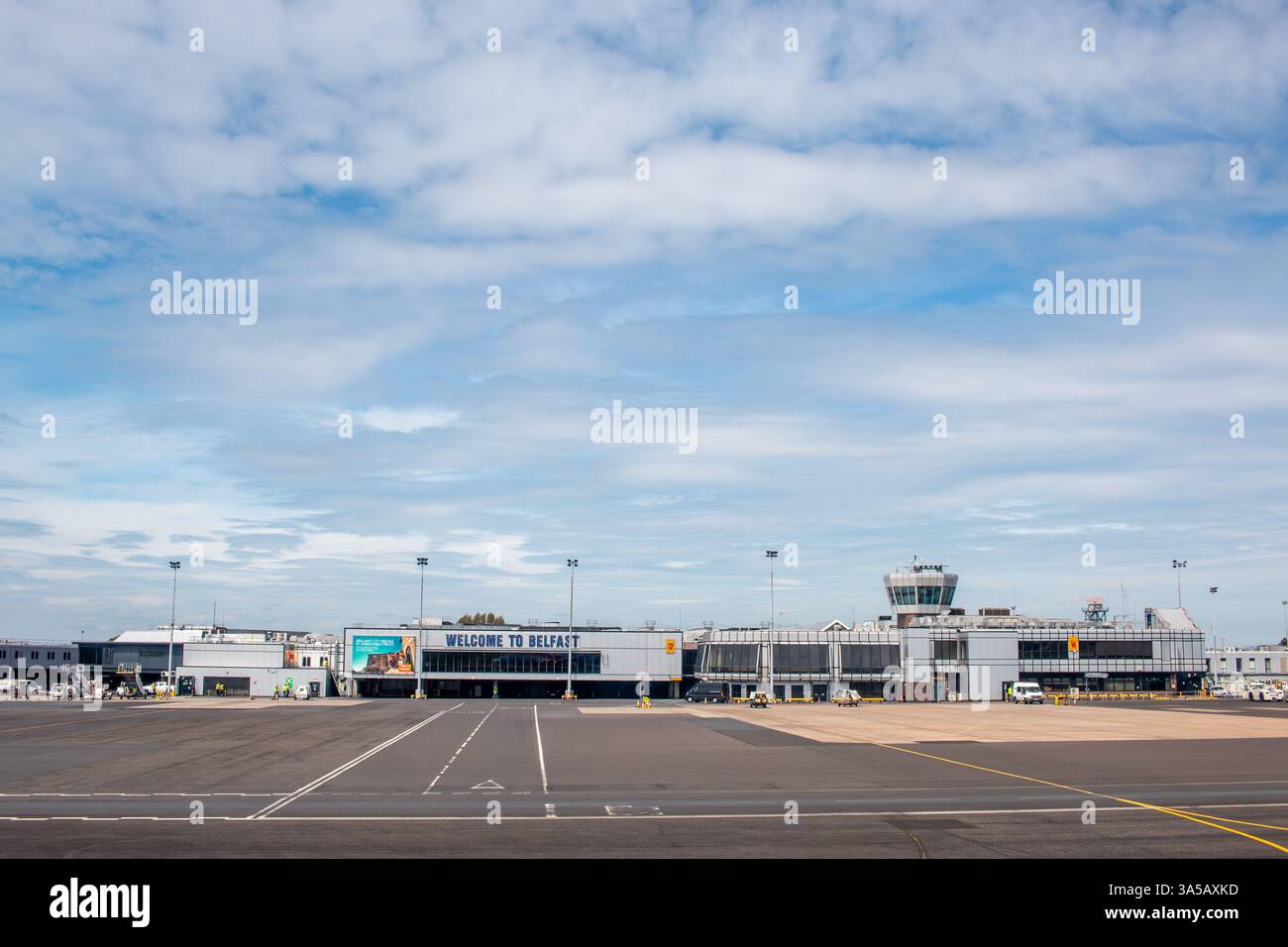 An exterior view of Belfast Internation Airport on a sunny day with ...