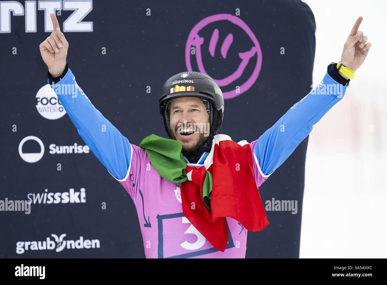 Third placed Aaron March of Italy poses on the podium at the Snowboard ...