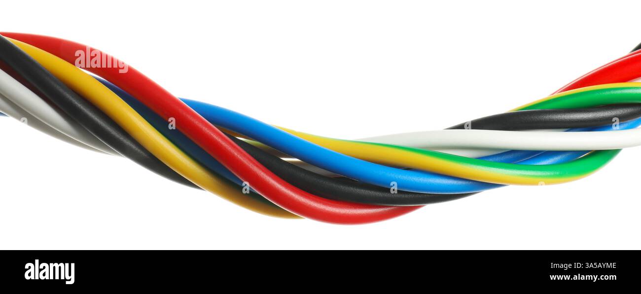 Many colorful electrical wires isolated on white Stock Photo - Alamy