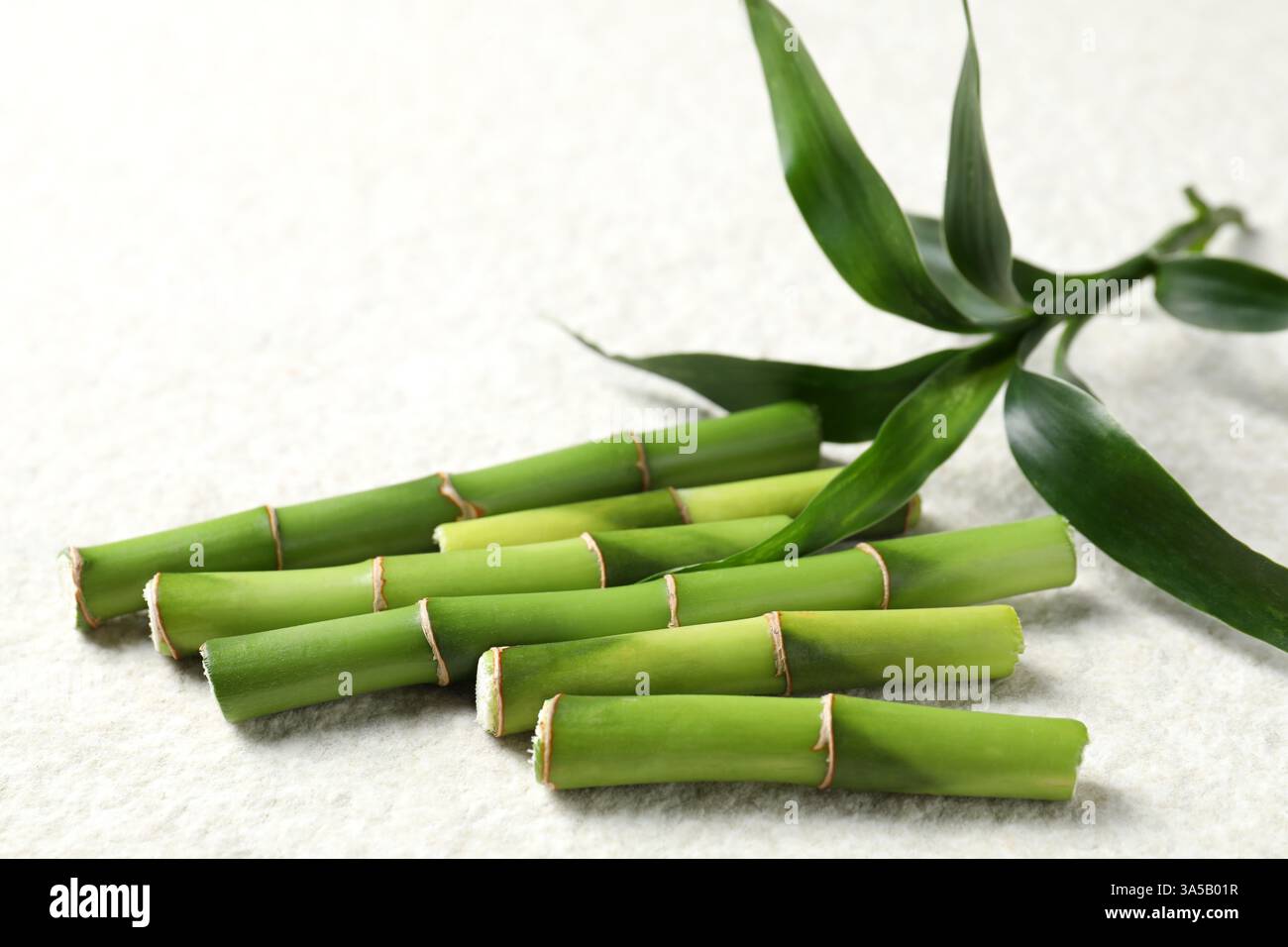 Cut bamboo stems and leaves on white textured table, closeup Stock ...