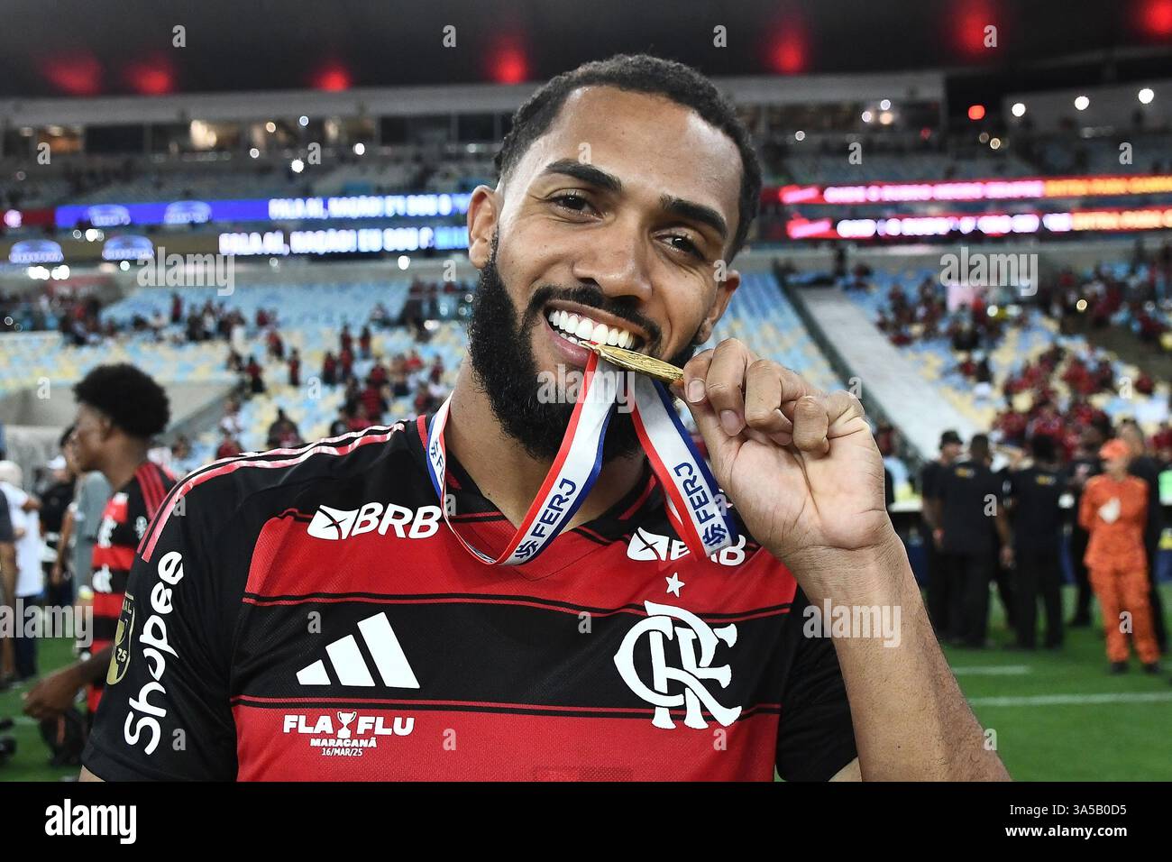 Rio de Janeiro, Brazil, March 16, 2025. Player Juninho of the Flamengo team, during the Flamengo ...