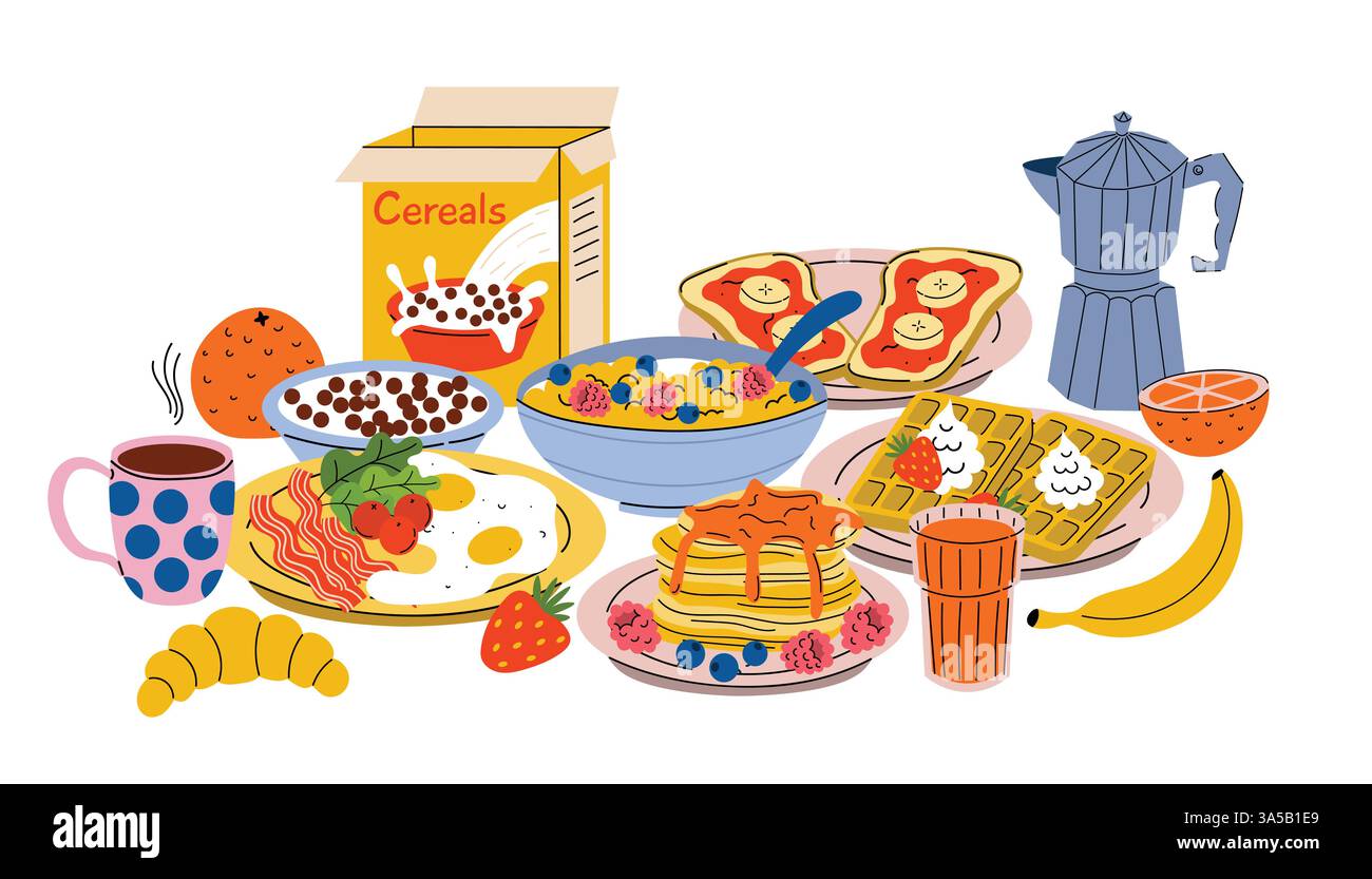 Breakfast food for family. Cartoon morning dish menu collection for ...