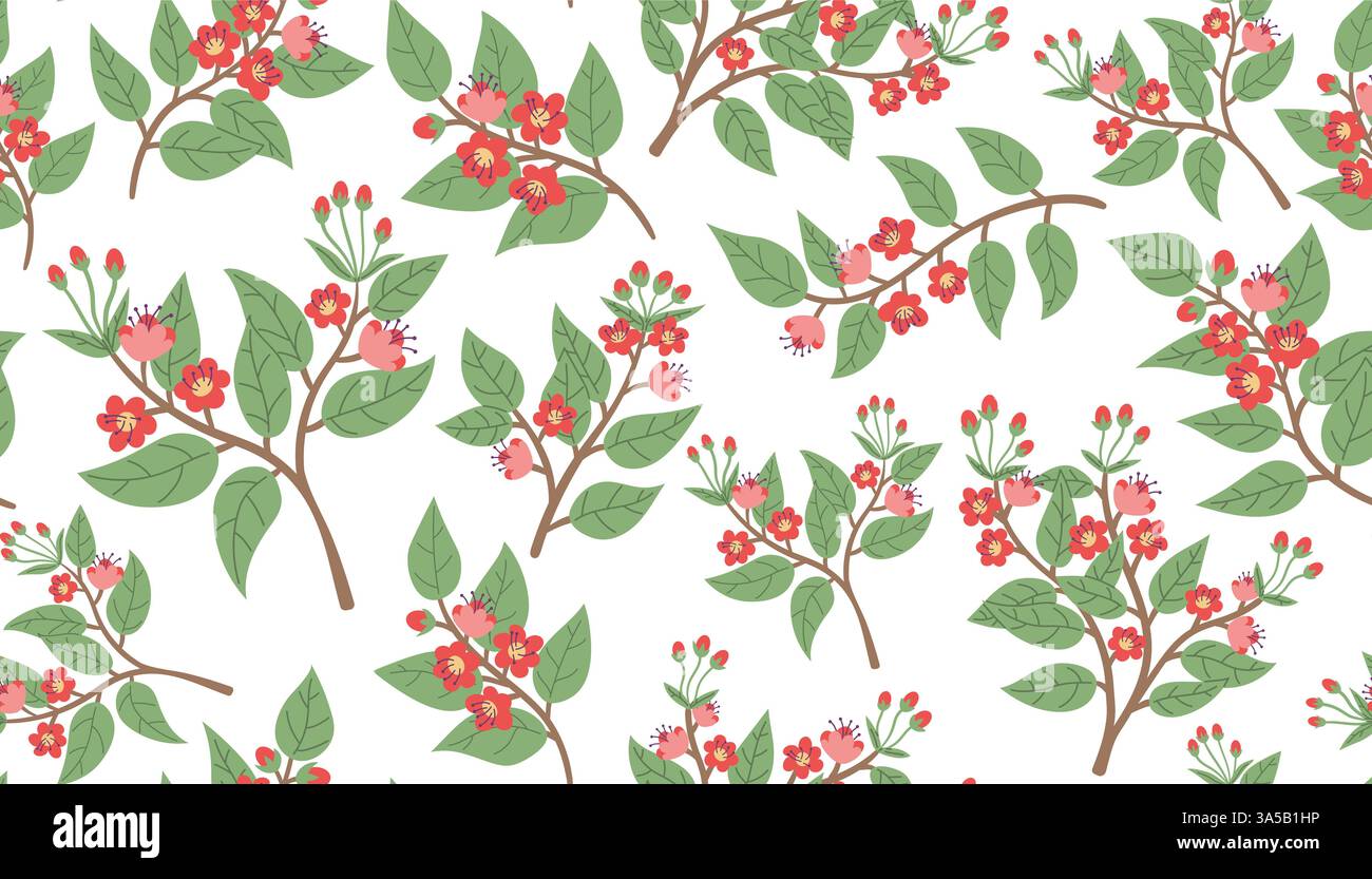 Beautiful cherry blossom branches seamless pattern. Spring endless background with branches and ...